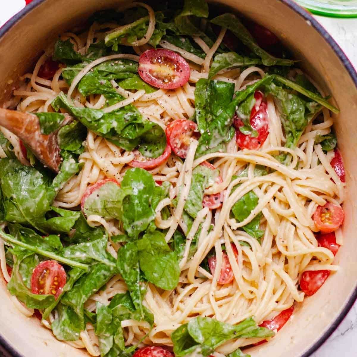 Hummus Pasta with Lemon and Arugula - Cozy Peach Kitchen