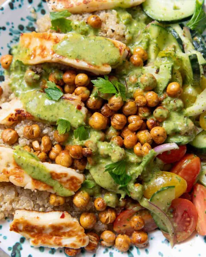 Halloumi Bowls with Quinoa & Crispy Chickpeas - Cozy Peach Kitchen